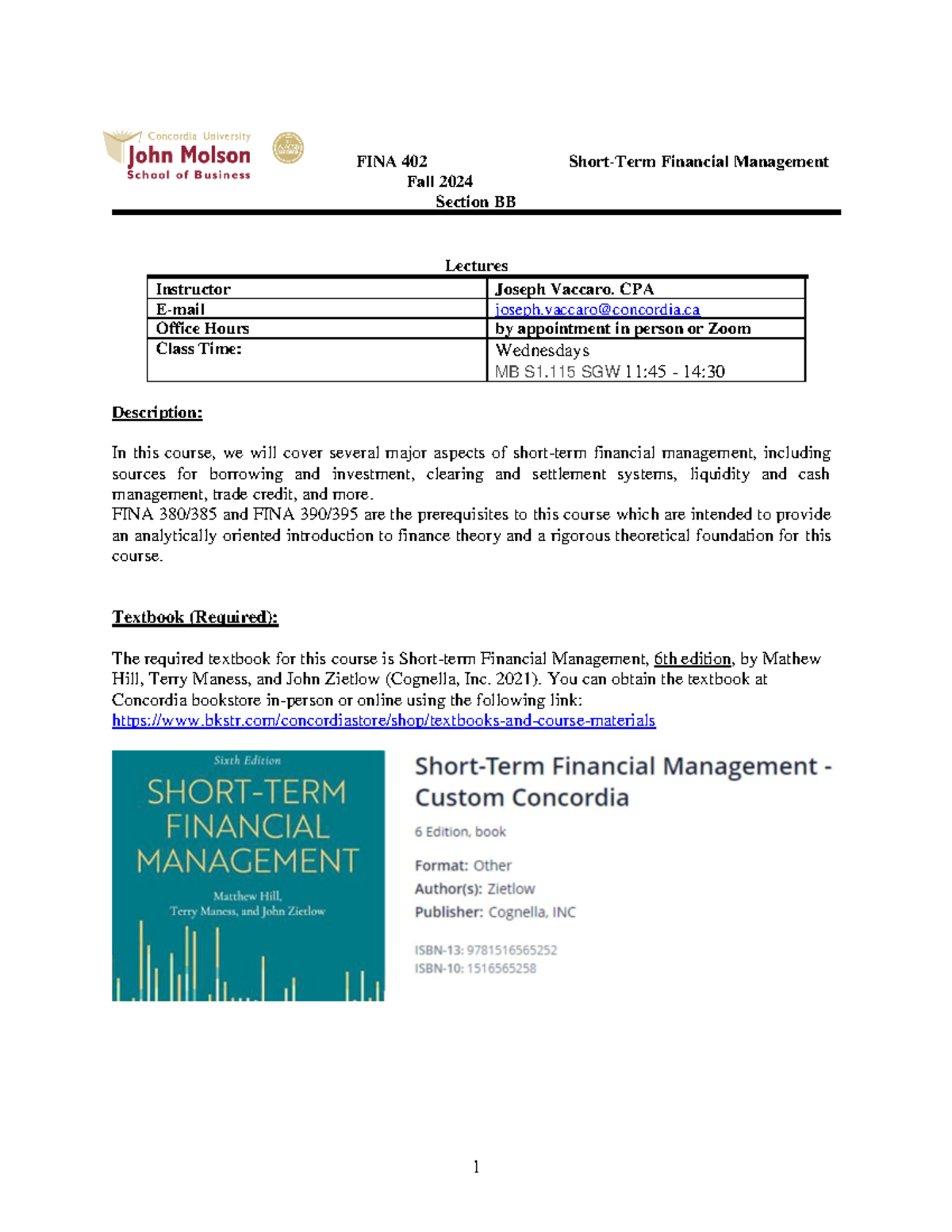 FINA 402 Fall 2024 course outline - FINA 402 Short-Term Financial ...
