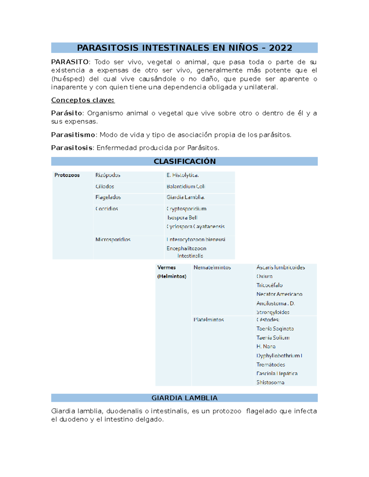 Parasitosis Intestinales EN Niños 2022 - PARASITOSIS INTESTINALES EN ...