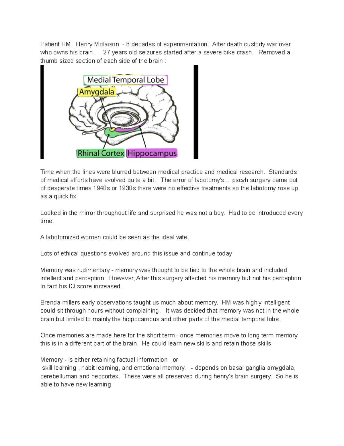 Prep for Lecture Memory - Patient HM: Henry Molaison - 6 decades of ...