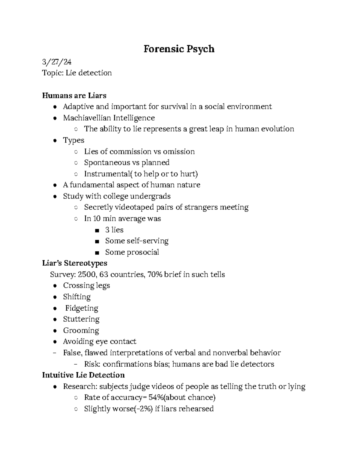 3/27 Wednesday Forensic Psych - Forensic Psych 3/27/ Topic: Lie ...