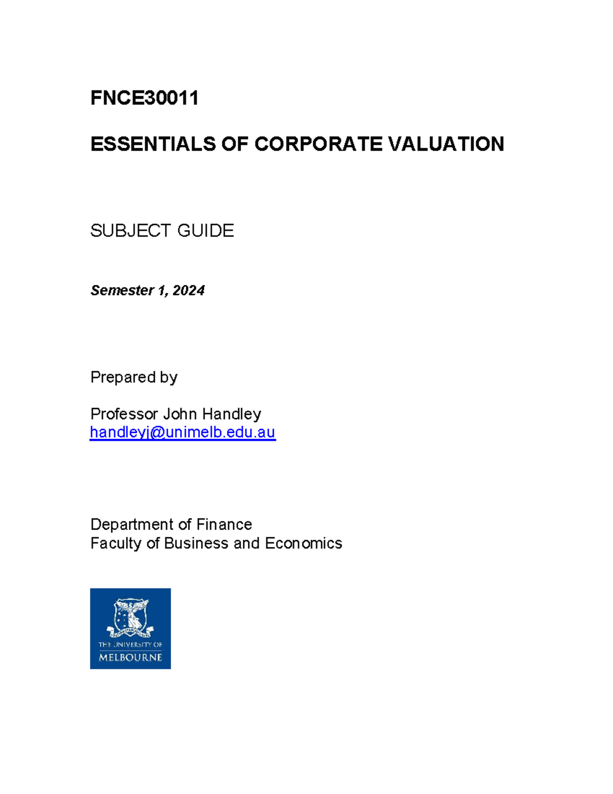 2024 Subject Guide - FNCE ESSENTIALS OF CORPORATE VALUATION SUBJECT ...