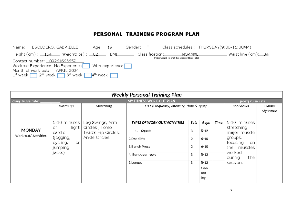 MY Personal Training Program - PERSONAL TRAINING PROGRAM PLAN Name ...