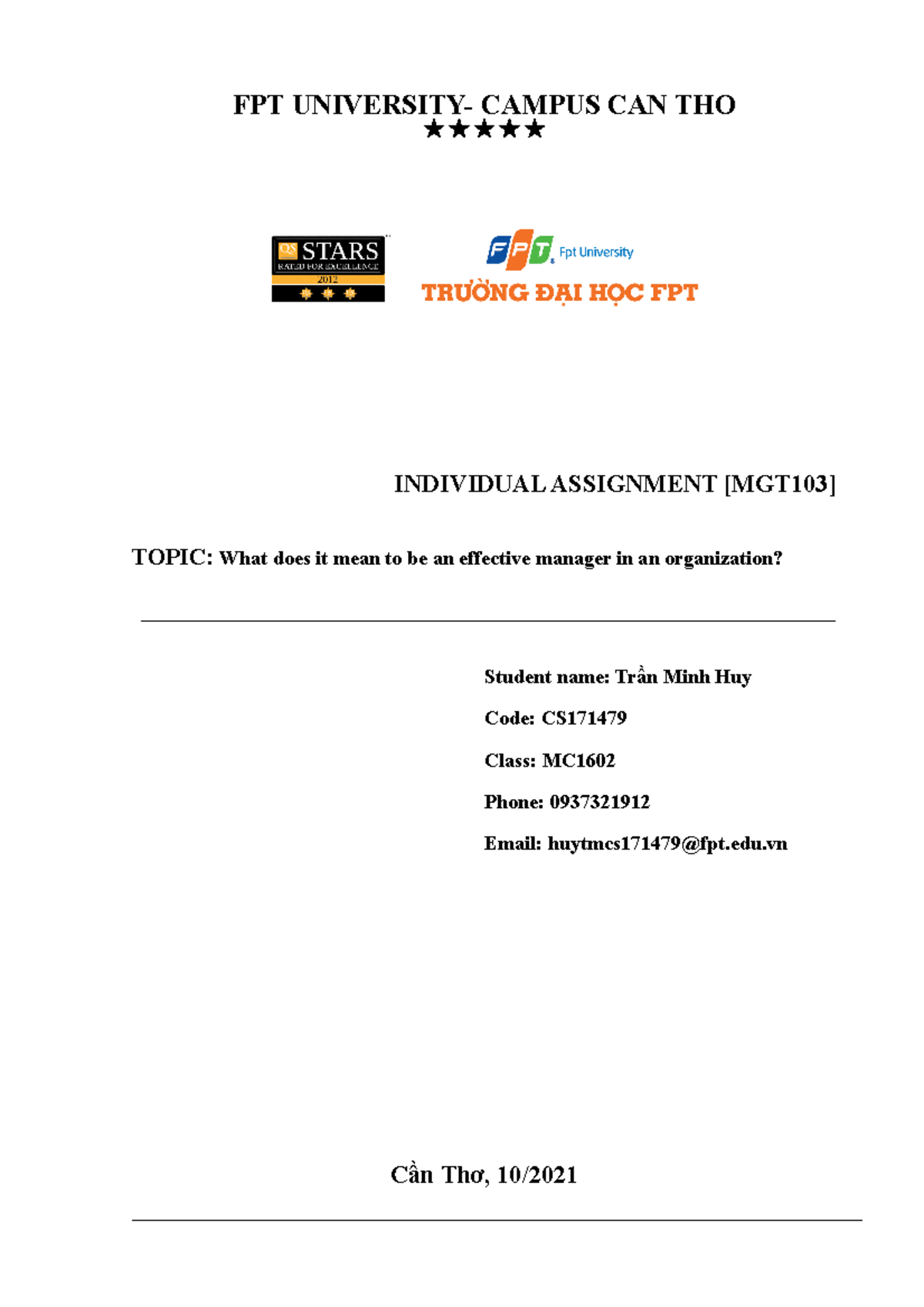 Individual Assignment MGT103 - FPT UNIVERSITY- CAMPUS CAN THO ...