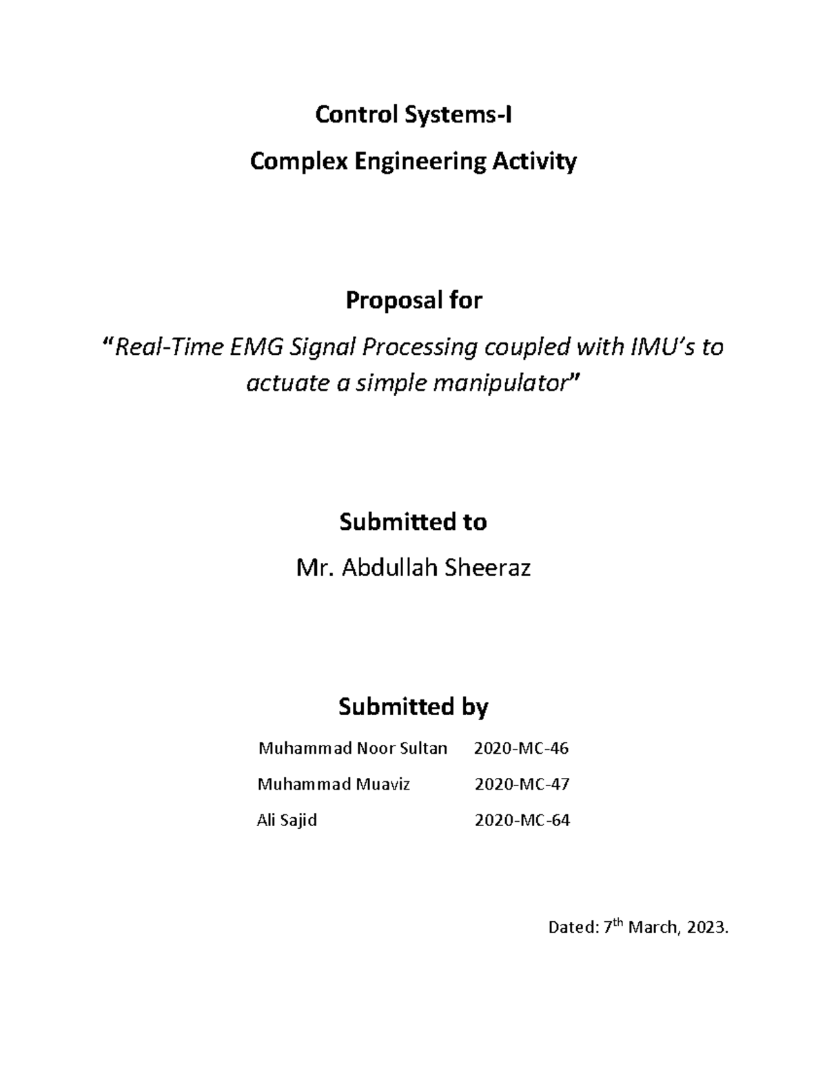 Control Systems CEA Proposal - Control Systems-I Complex Engineering Activity Proposal for - Studocu