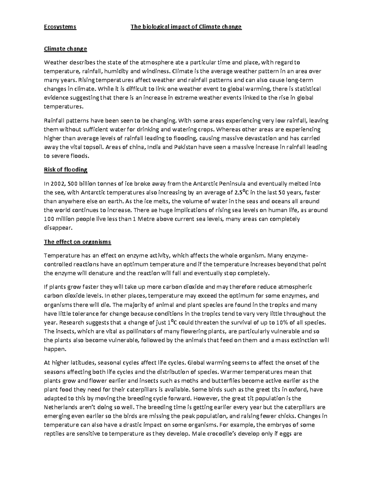 Impact of climate change - Ecosystems The biological impact of Climate ...