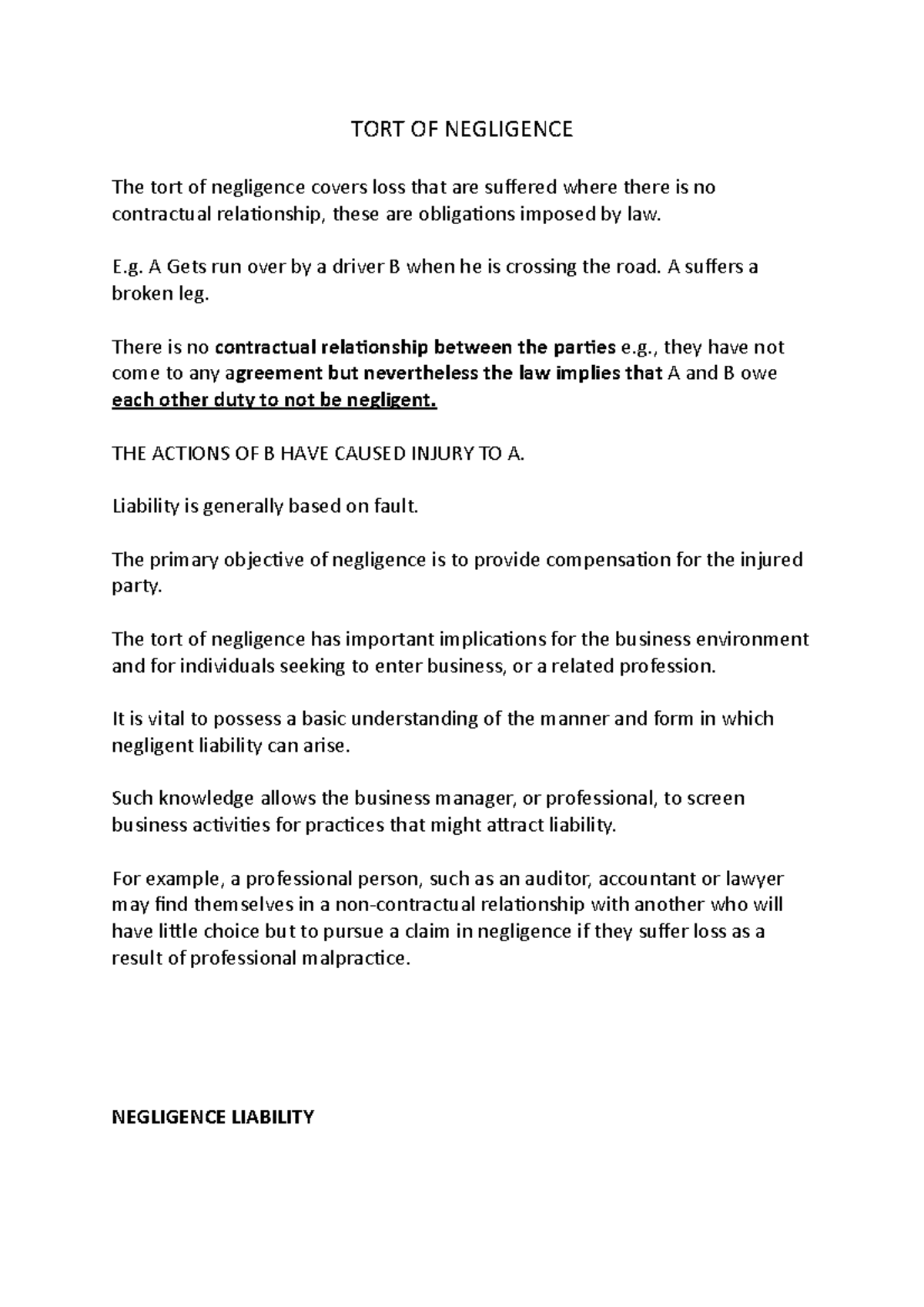 TORT OF Negligence - notes off lecture slides - TORT OF NEGLIGENCE The ...