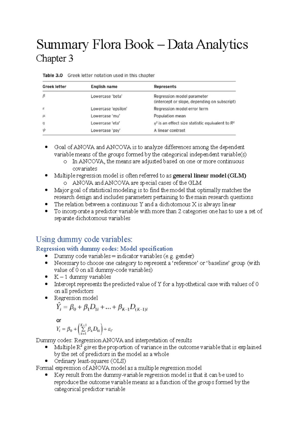 Chapter 3 Summary Flora Book - Summary Flora Book – Data Analytics Chapter 3 Goal of ANOVA and ...