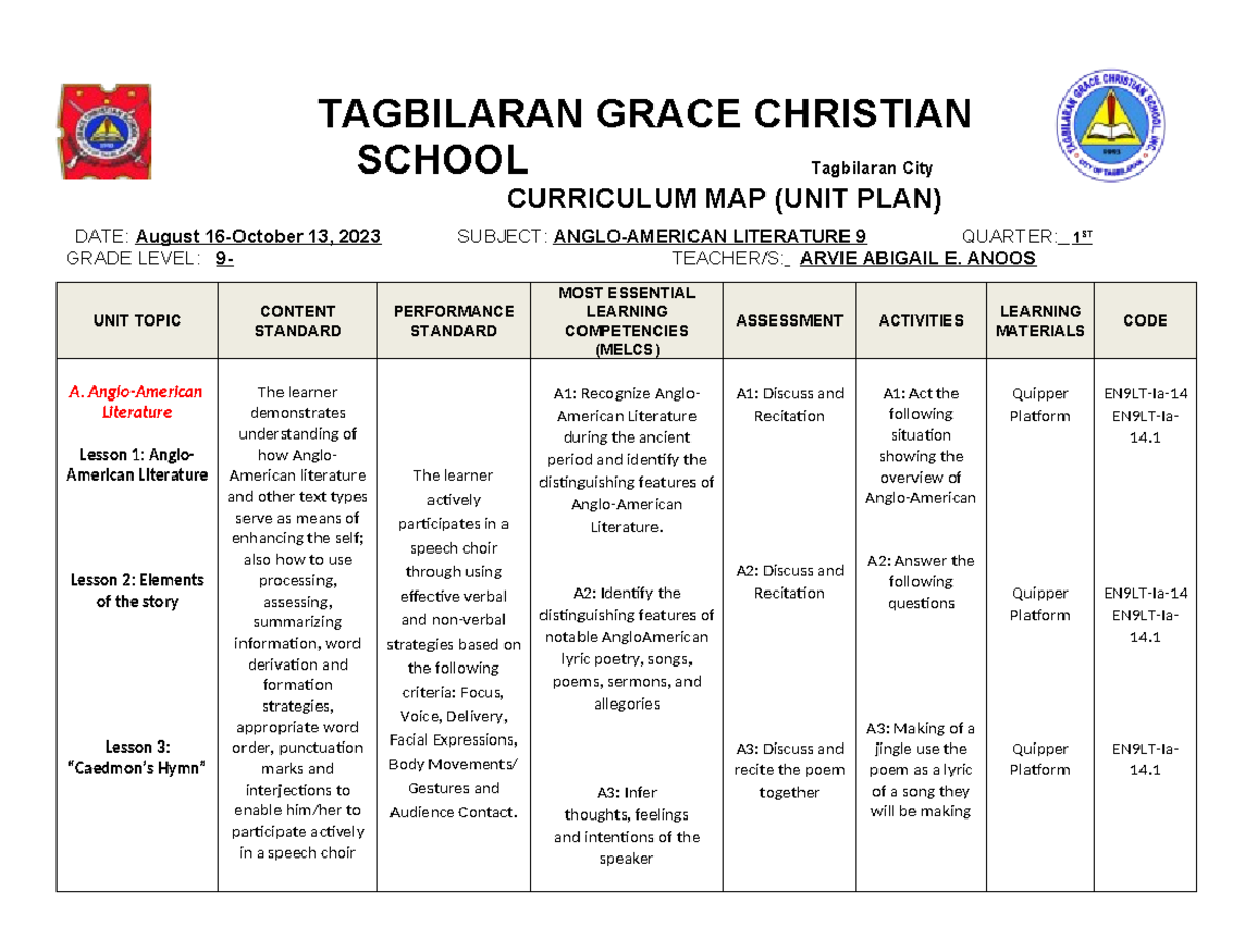 Grade 9 Curriculum Map - TAGBILARAN GRACE CHRISTIAN SCHOOL Tagbilaran ...