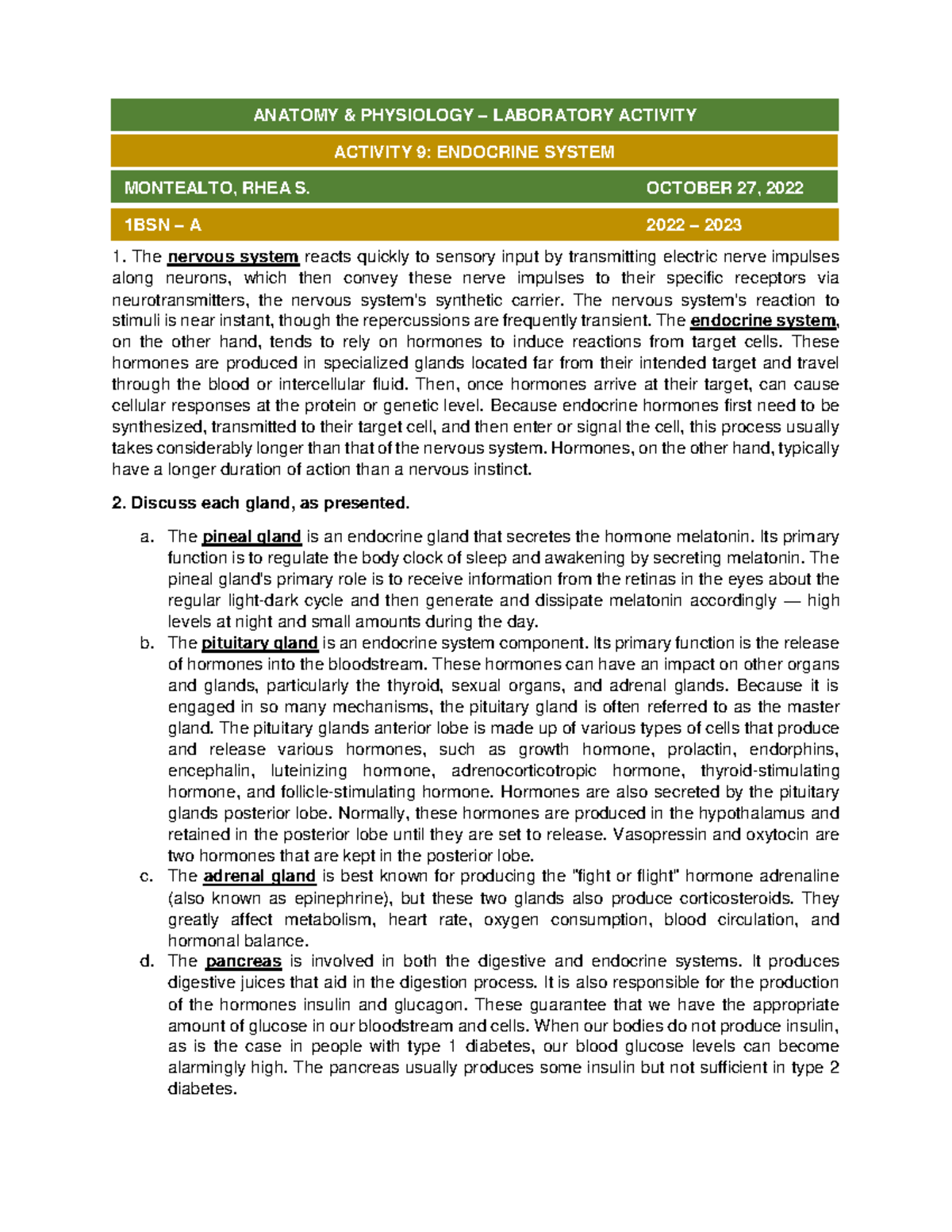Activity 9 - Endocrine System - The nervous system reacts quickly to ...