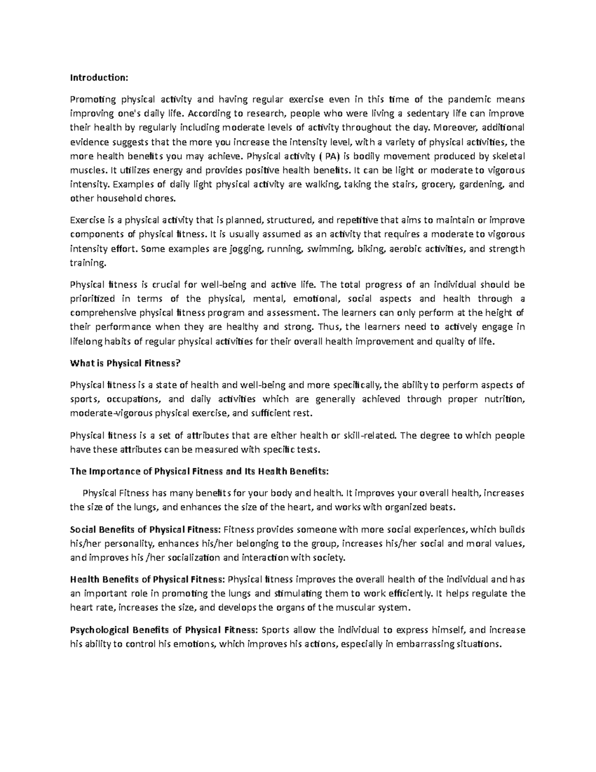 Physical Education -First Year Course - Introduction: Promoting ...