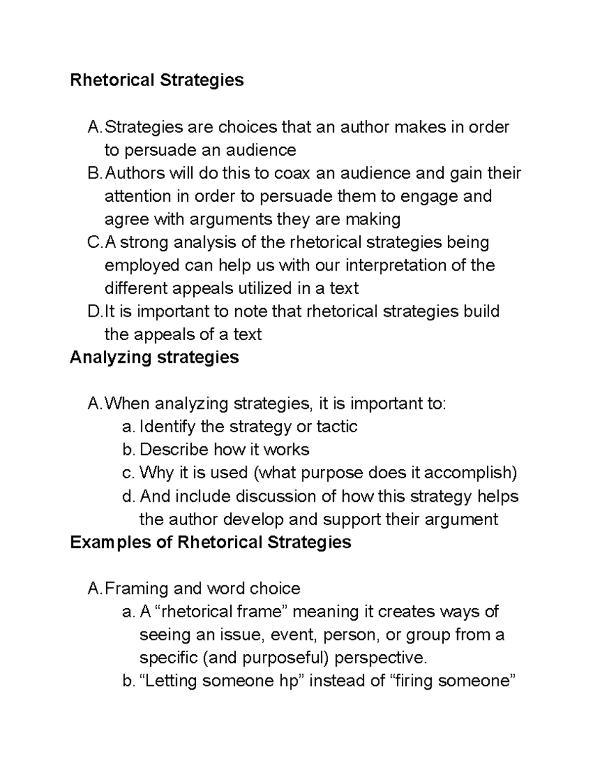 Strategies - notes - Rhetorical Strategies A are choices that an author ...