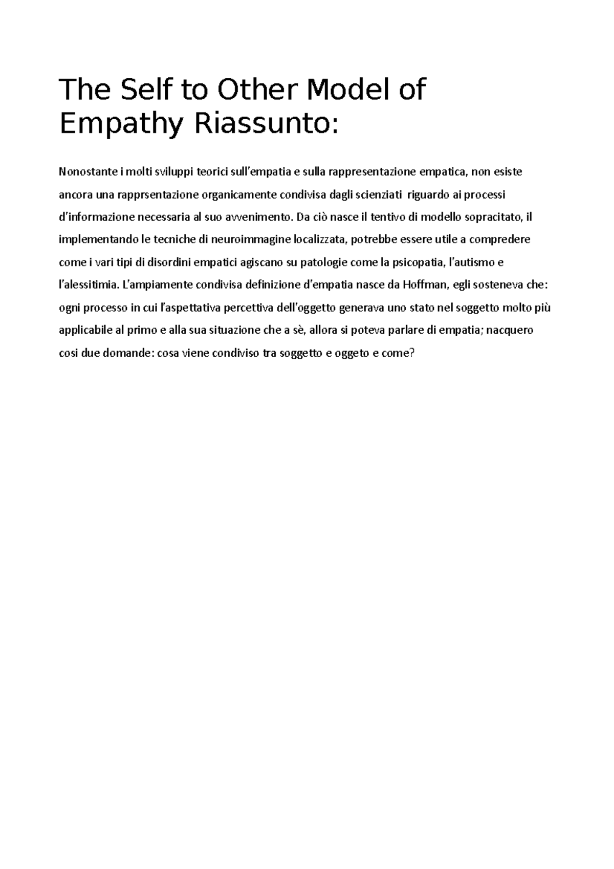 The Self to Other Model of Empathy Riassunto - The Self to Other Model ...