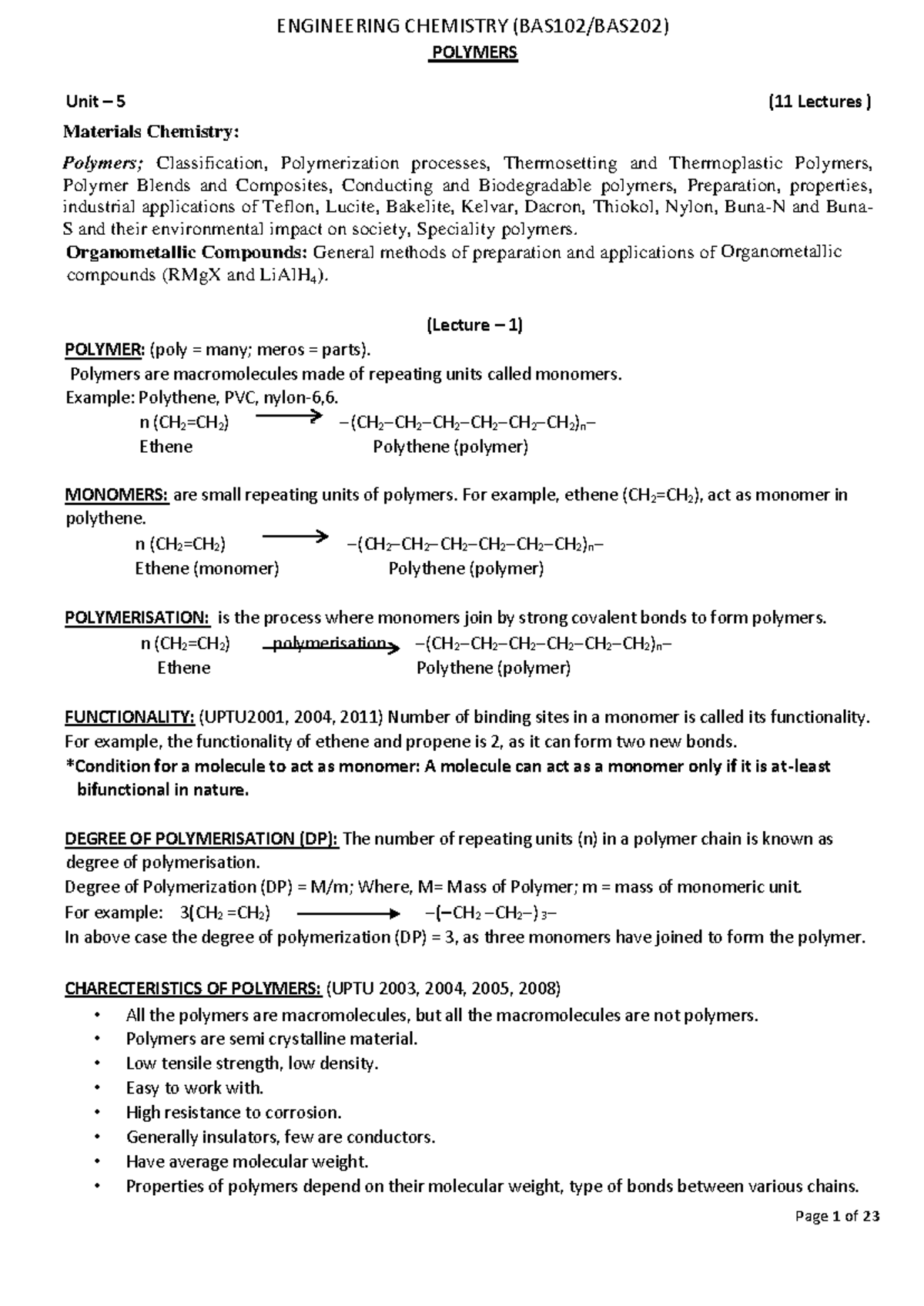 U-5 Notes Engg. Chemistry - POLYMERS Unit – 5 ( 11 Lectures ) Materials ...
