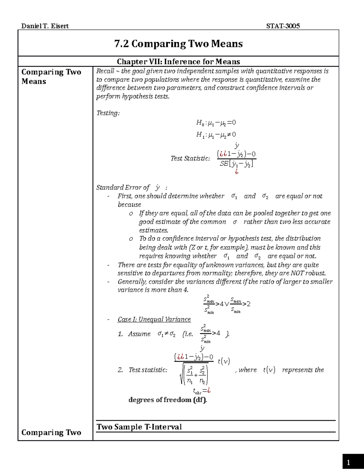 STAT-3005 - Notes - 7-2 - Comparing Two Means - 7 Comparing Two Means ...