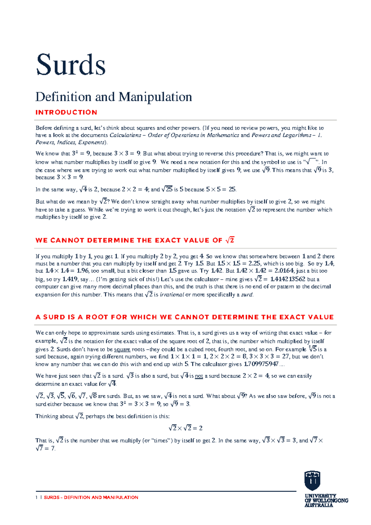 Uow227925 - Its really good - Surds Definition and Manipulation ...