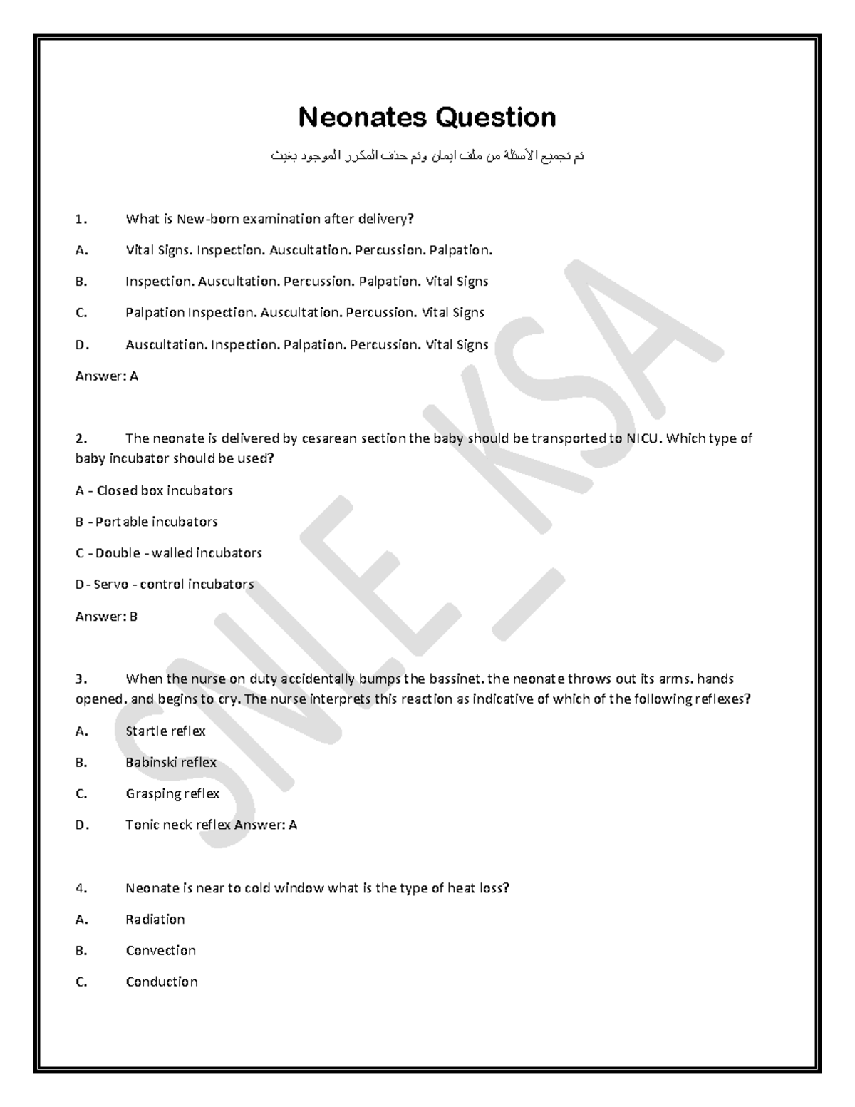 Neonates,SNLE KSA - QUESTION PRACTICAL - Neonates Question من ملف ايمان ...