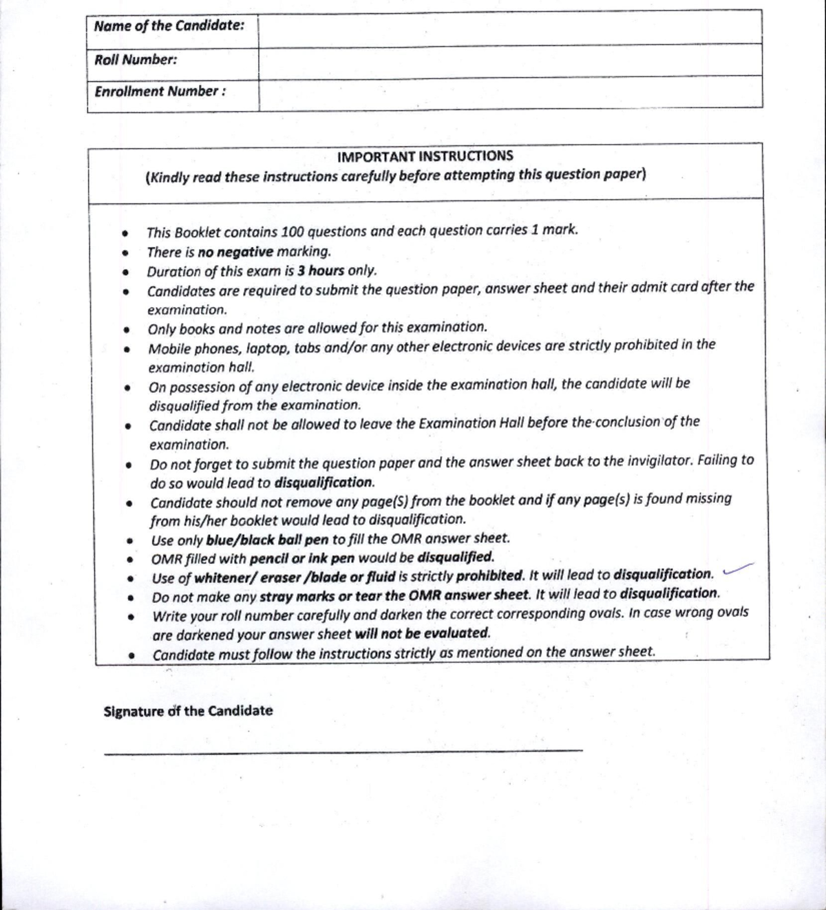 AIBE-7 - Sample paper - Name of the Candidate: Roll Number: Enrollment ...