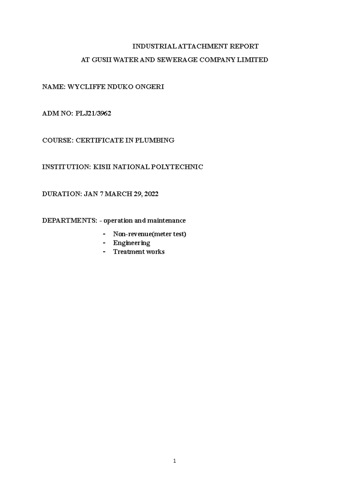 584178935 Industrial Attachment Report Wycliffe - INDUSTRIAL ATTACHMENT ...