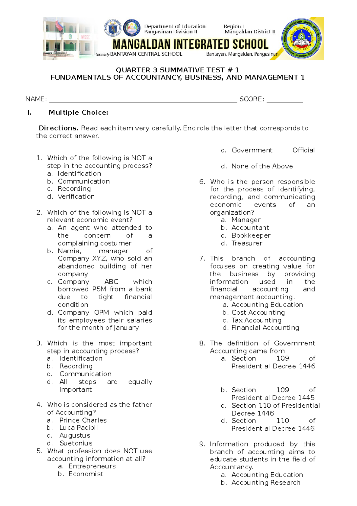 QRTR 3 Summative 1 FABM1 - QUARTER 3 SUMMATIVE TEST # 1 FUNDAMENTALS OF ...