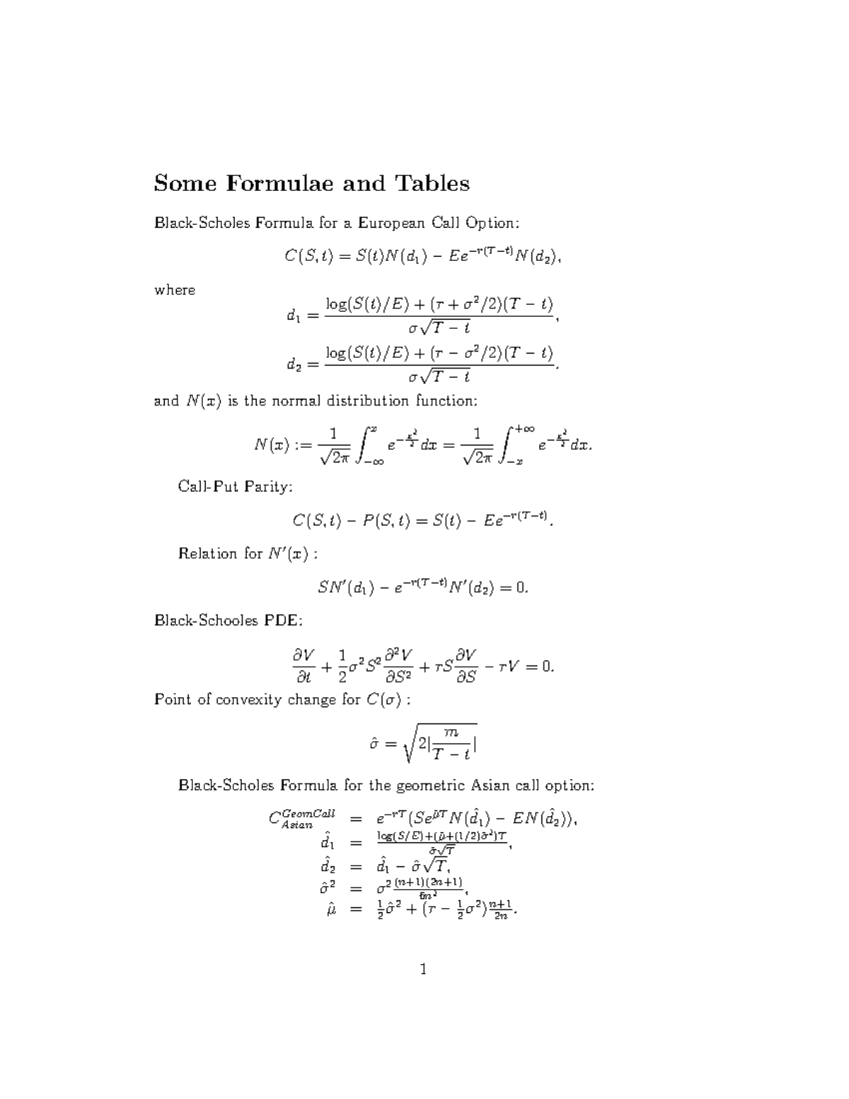 Black Scholes formulas, + tables - Some Formulae and Tables Black ...