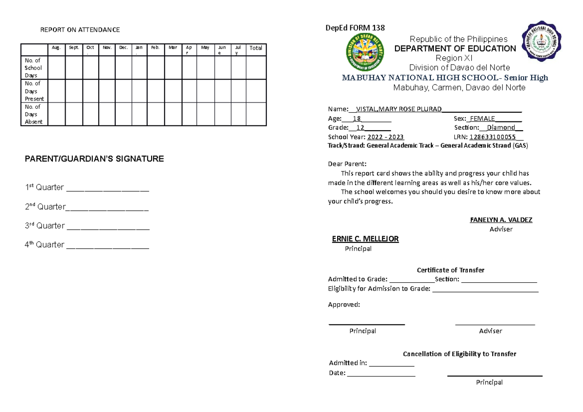 Card-SHS - Copy - Copy - It is a card - REPORT ON ATTENDANCE Aug. Sept ...