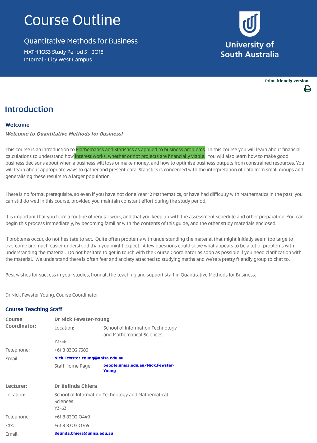 MATH1053 OUTLINE - Course Outline Quantitative Methods for Business ...