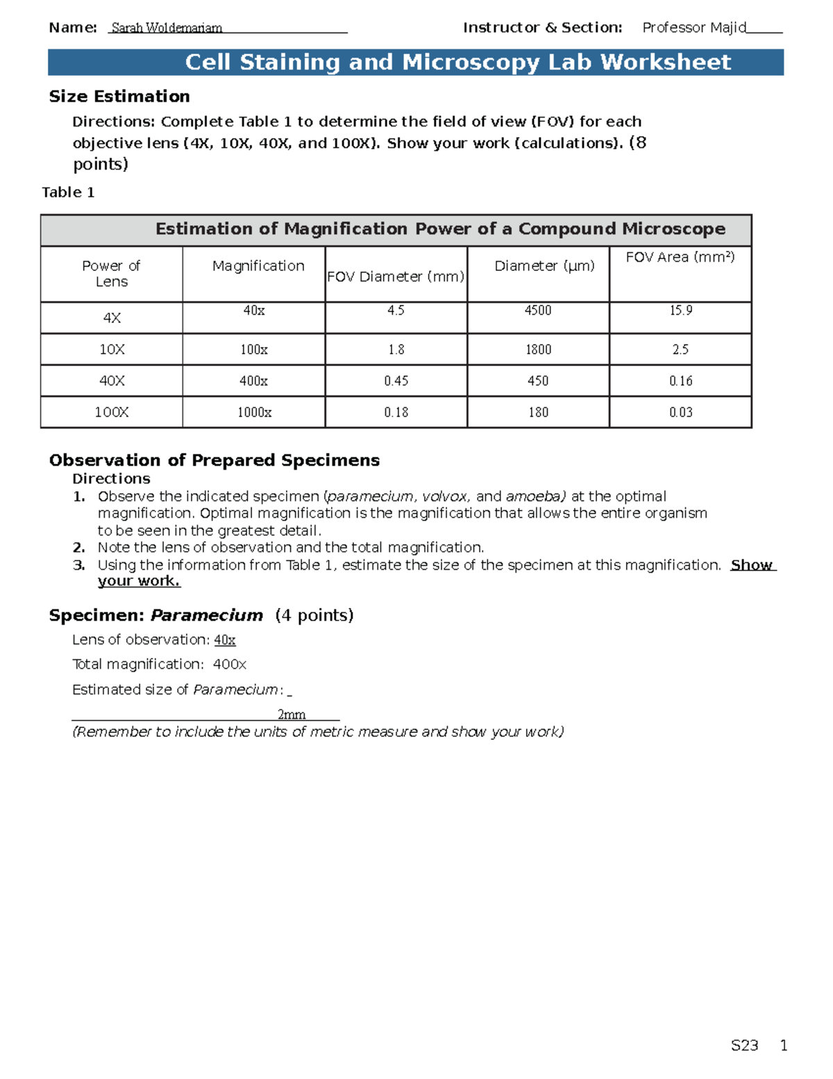 Cell membrane Lab - Size Estimation Directions: Complete Table 1 to ...