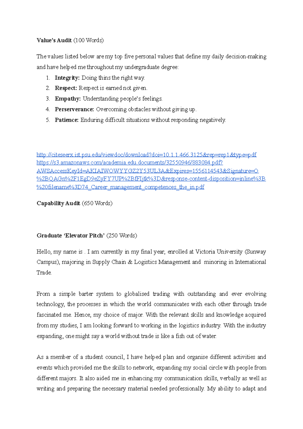 ABC Career Reflection - Value’s Audit (100 Words) The values listed ...