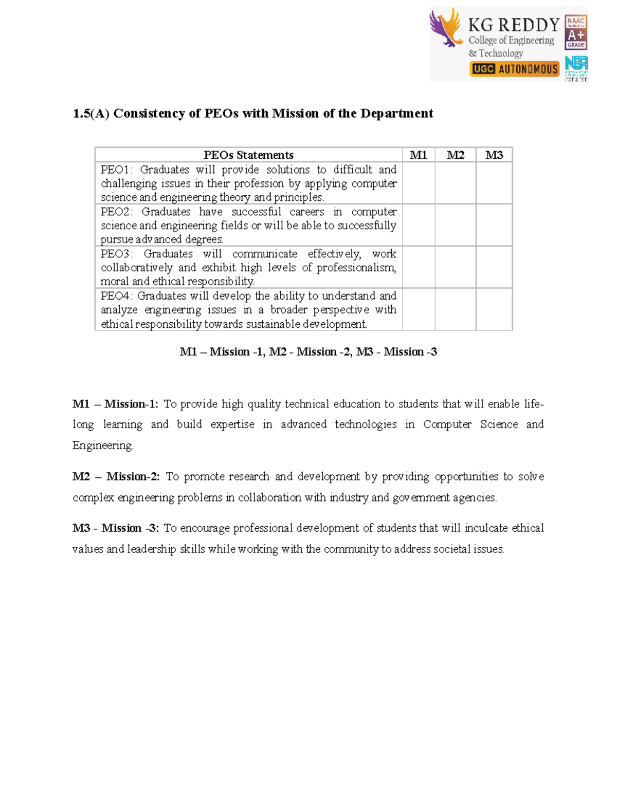 Matrix 1 - sample notes - 1(A) Consistency of PEOs with Mission of the ...