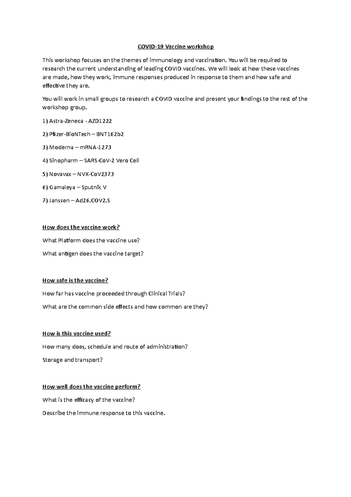 Vaccine workshop - COVID-19 Vaccine workshop This workshop focuses on ...