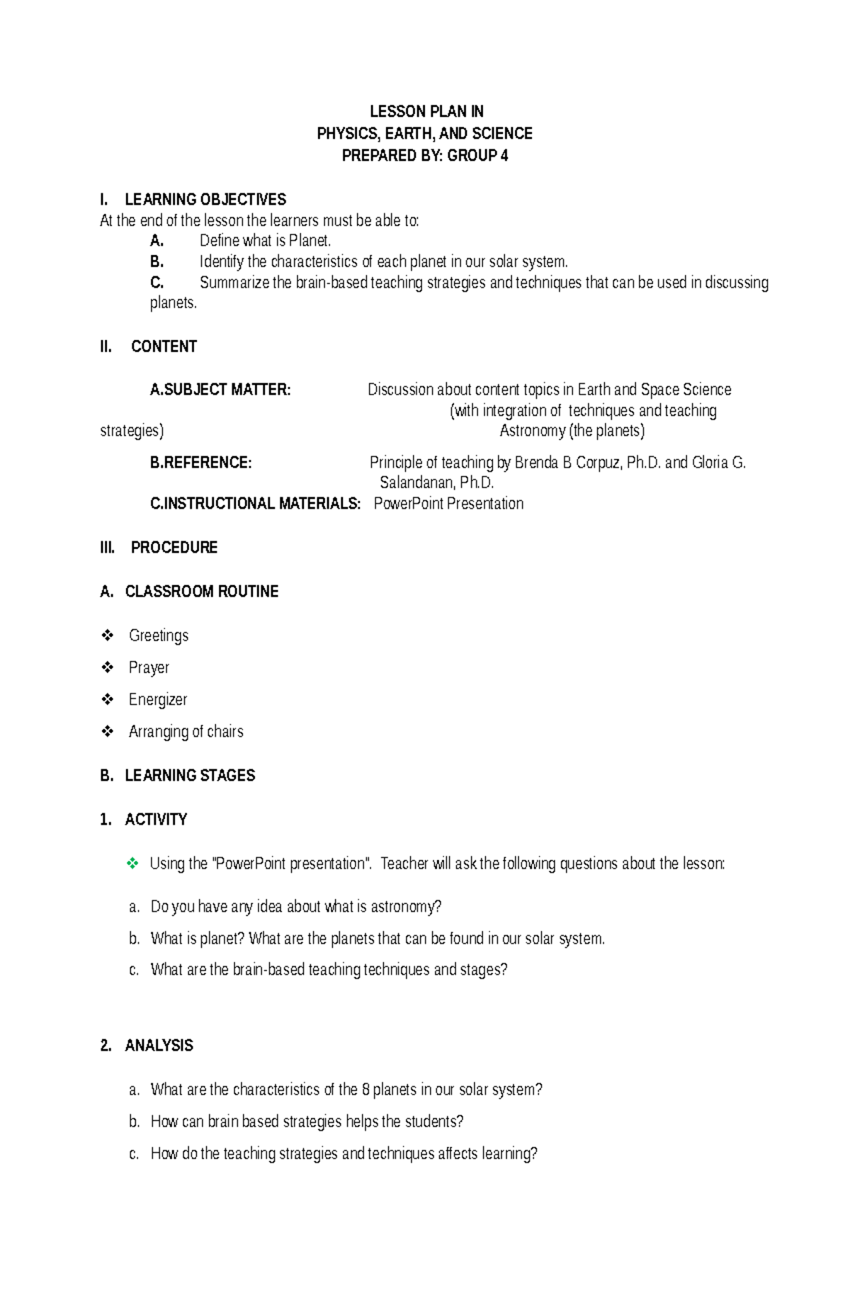 MY LP IN Science - lesson - LESSON PLAN IN PHYSICS, EARTH, AND SCIENCE ...