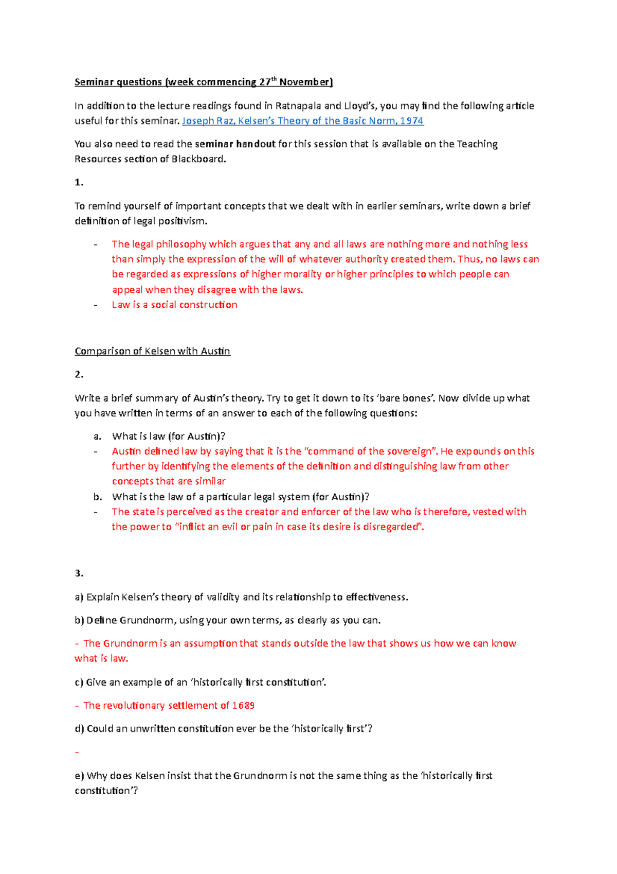 Seminar questions - Austin and Kelsen - Seminar questions (week ...
