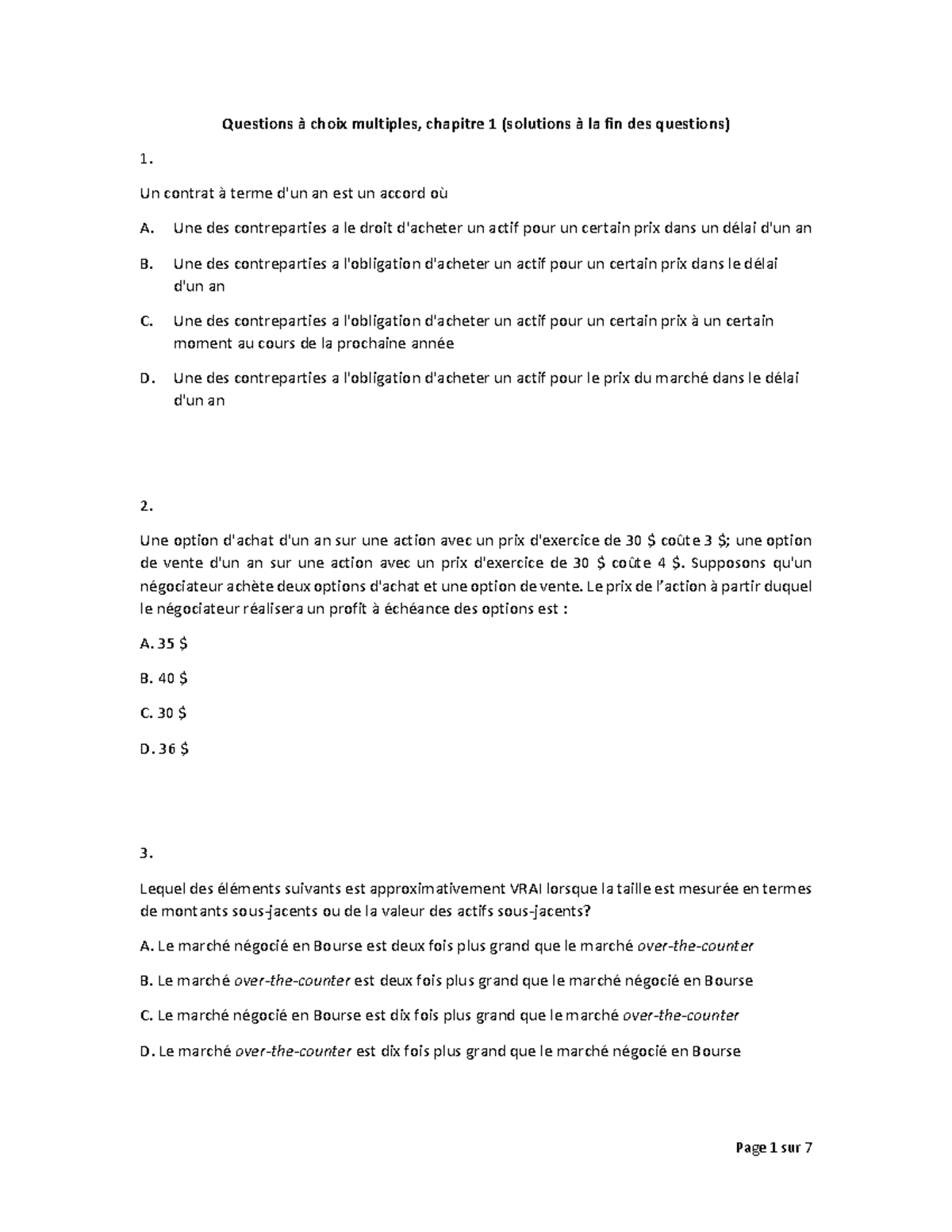 Seance 1 - ques choix mult chap1 - Questions ‡ choix multiples ...
