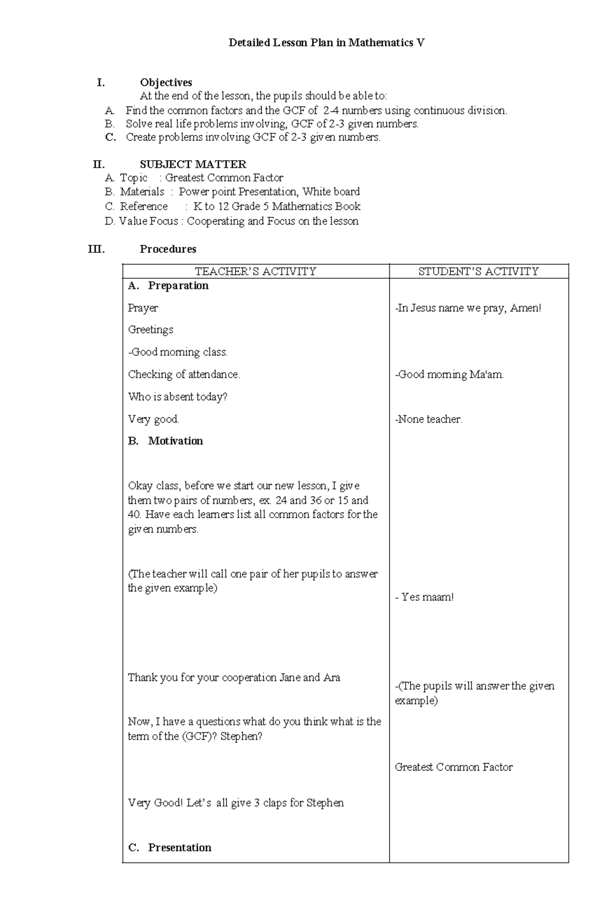 DLP MATH 5 GCF Dlp Detailed Lesson Plan In Mathematics V I 