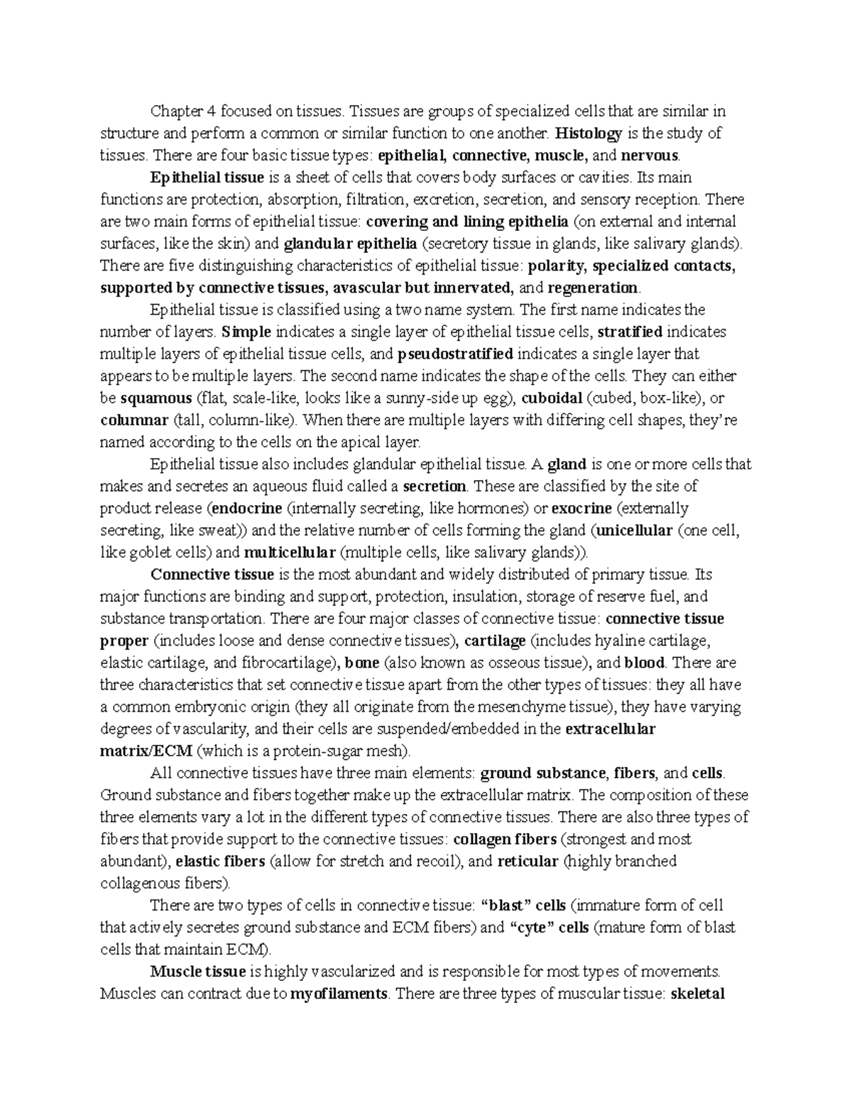Cheroske Chapter 4 Lecture Summary - Chapter 4 focused on tissues ...