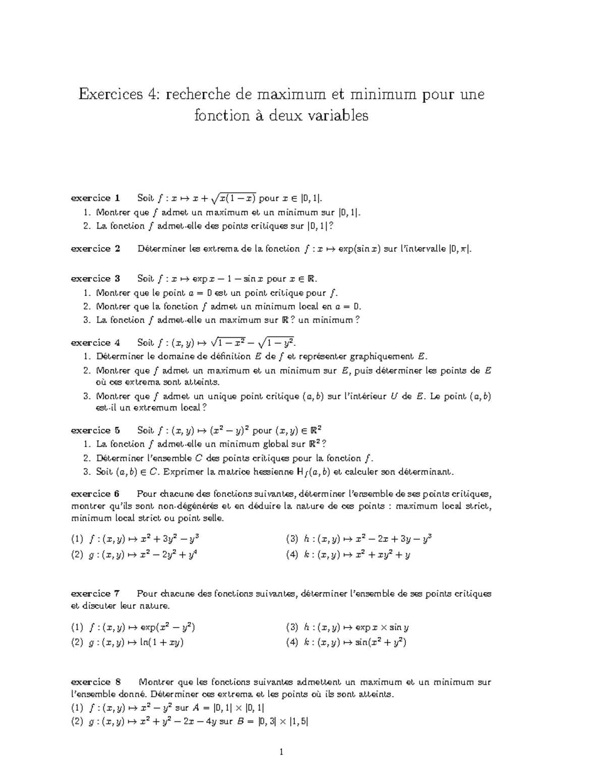 Exo A4 - td de math - Exercices 4: recherche de maximum et minimum pour ...