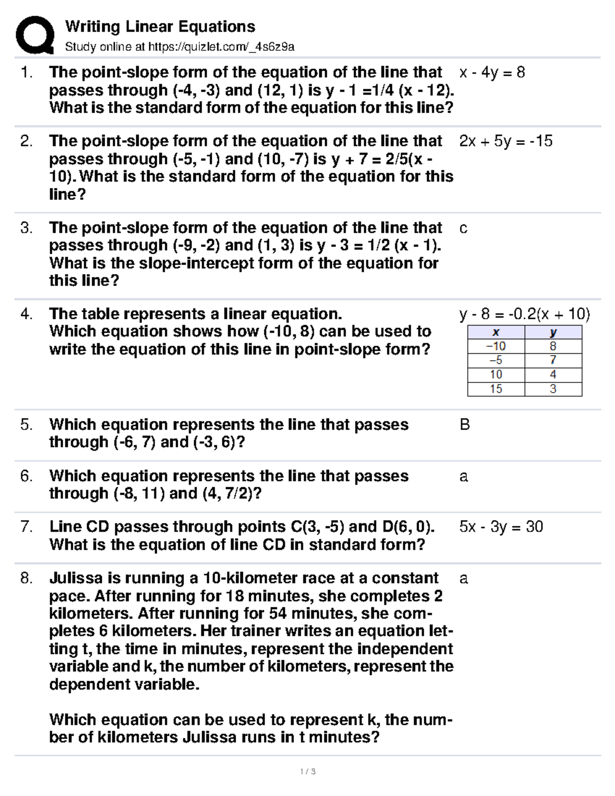 Writing Linear Equations - Writing Linear Equations Study online at ...