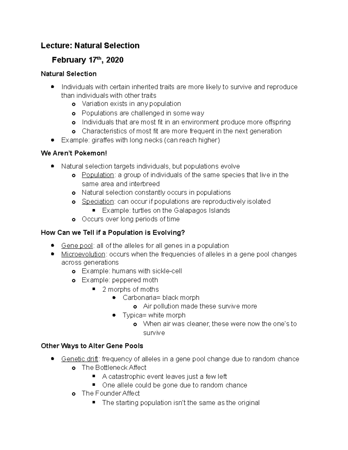 Natural selection lecture - Lecture: Natural Selection February 17th ...