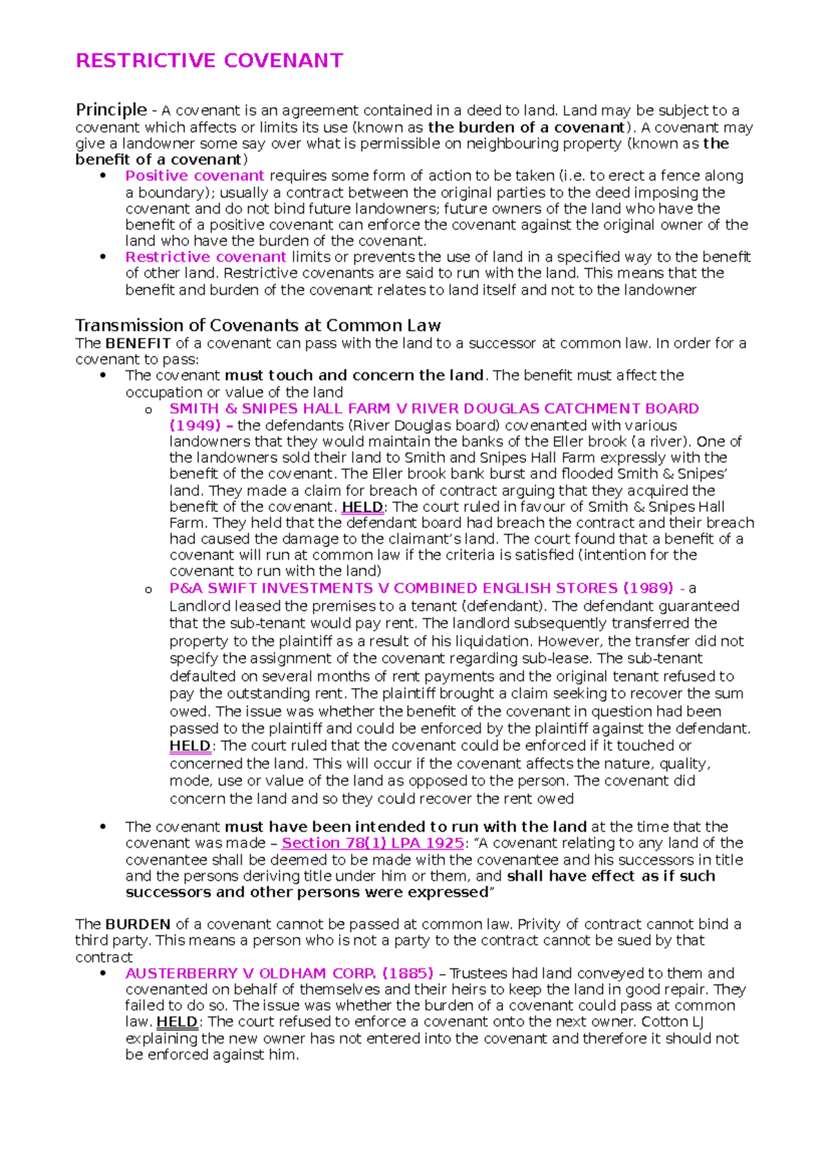 Restrictive Covenant - Lecture notes 7 - RESTRICTIVE COVENANT Principle ...