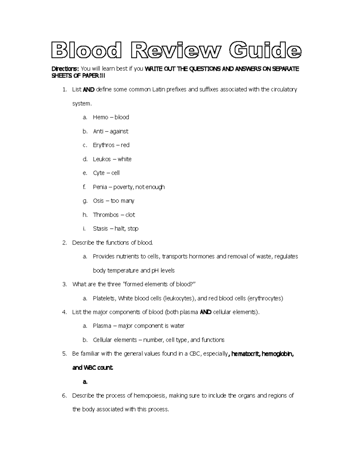 Blood Review Guide - Directions: You will learn best if you WRITE OUT ...
