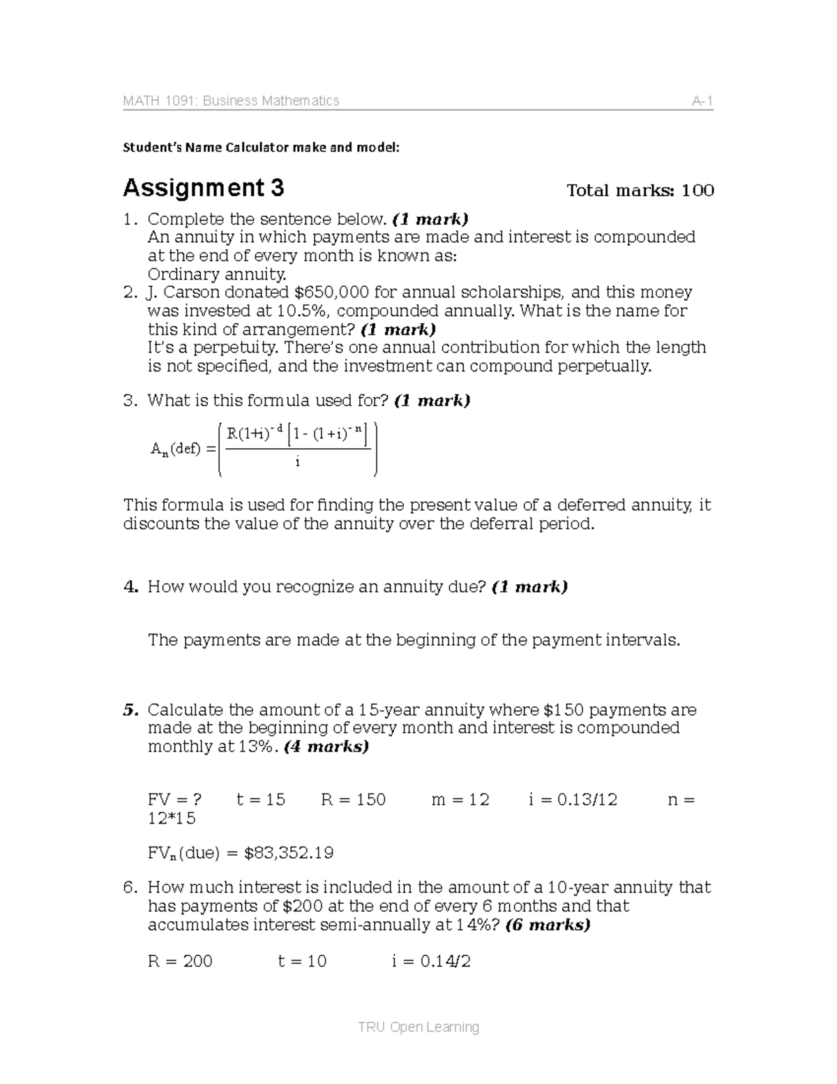 comm 355 budness - MATH 1091: Business Mathematics A- Student’s Name ...