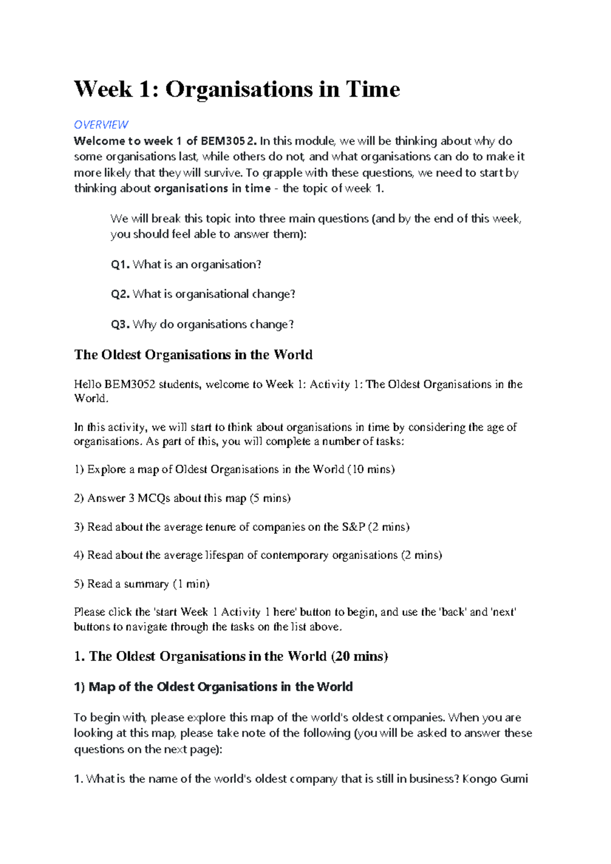 ELE materials Week 1 - Week 1: Organisations in Time OVERVIEW Welcome ...