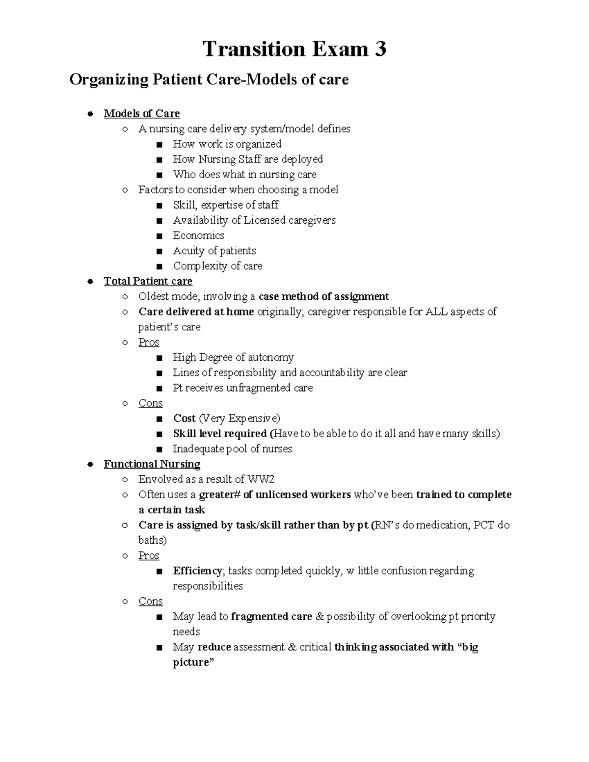 Transition exam 3 - terbvre - Organizing Patient Care-Models of care ...