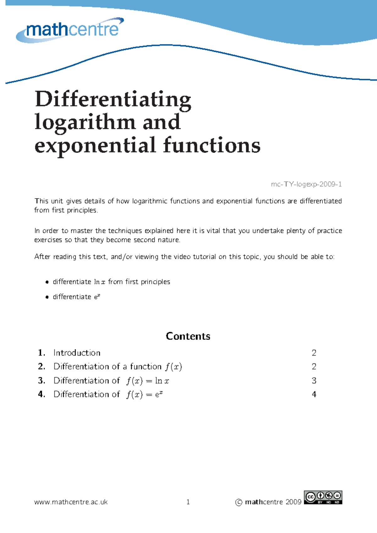 Differentiation - Logarithm and Exponential - Help Sheet ...