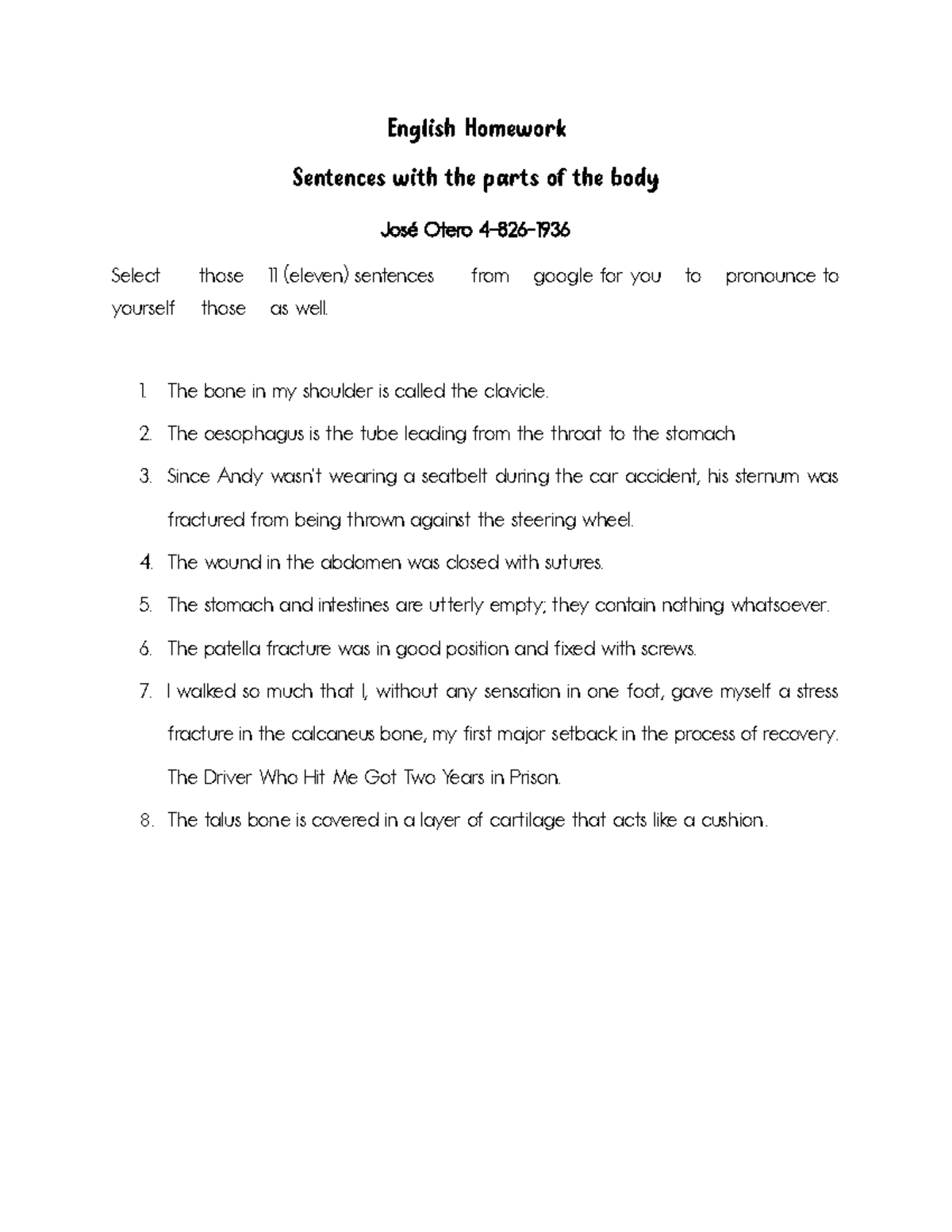 English Homework - English Homework Sentences with the parts of the ...