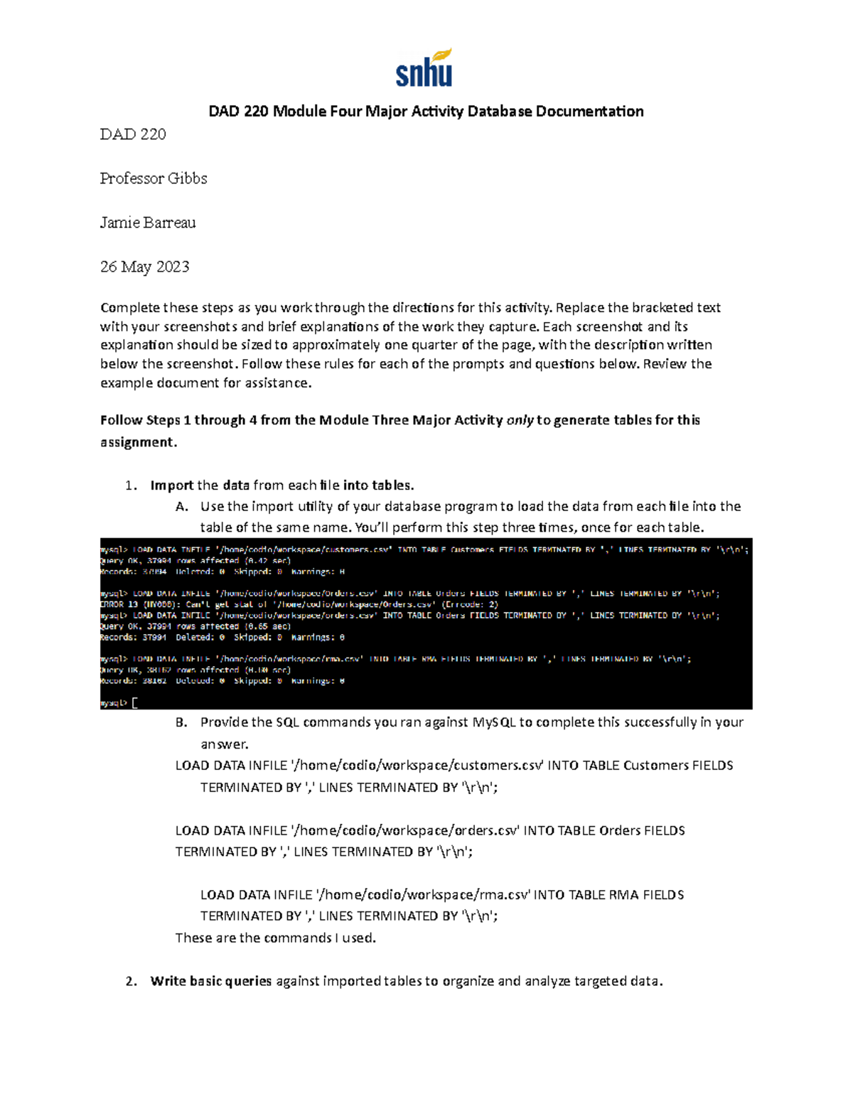 DAD 220 Module Four Major Activity Database Barreau - Replace the ...