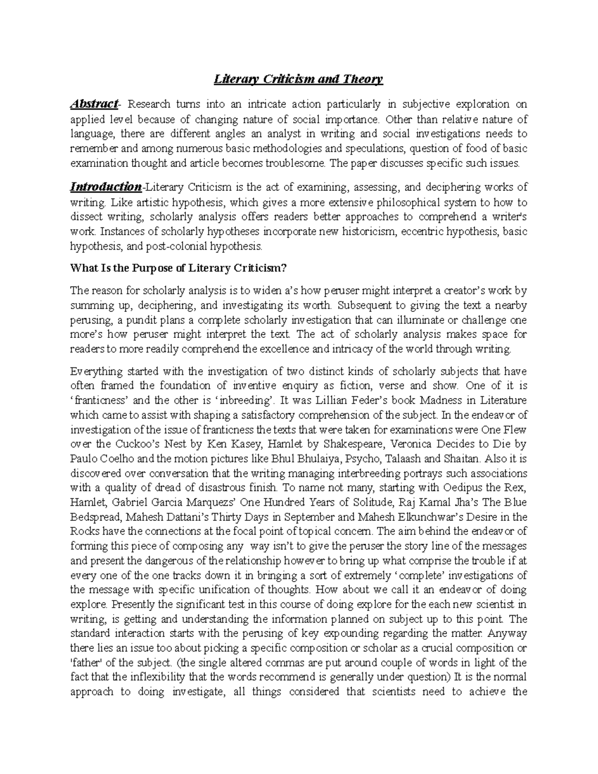 Literary Criticism and Theory - Literary Criticism and Theory Abstract ...