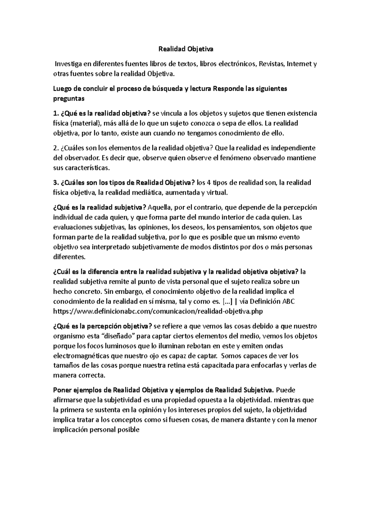 Realidad Objetiva unidad 1 - Realidad Objetiva Investiga en diferentes ...