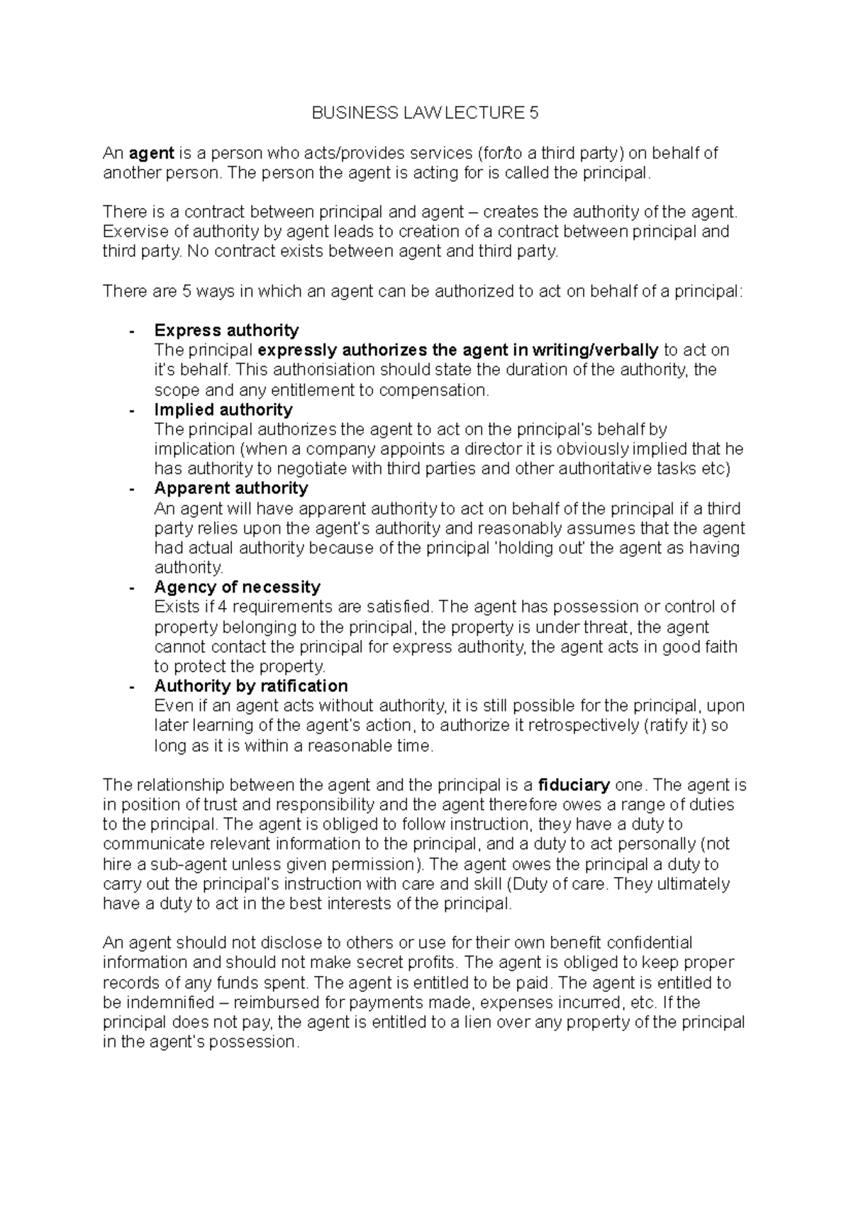 Business LAW Lecture 5 - BUSINESS LAW LECTURE 5 An agent is a person ...