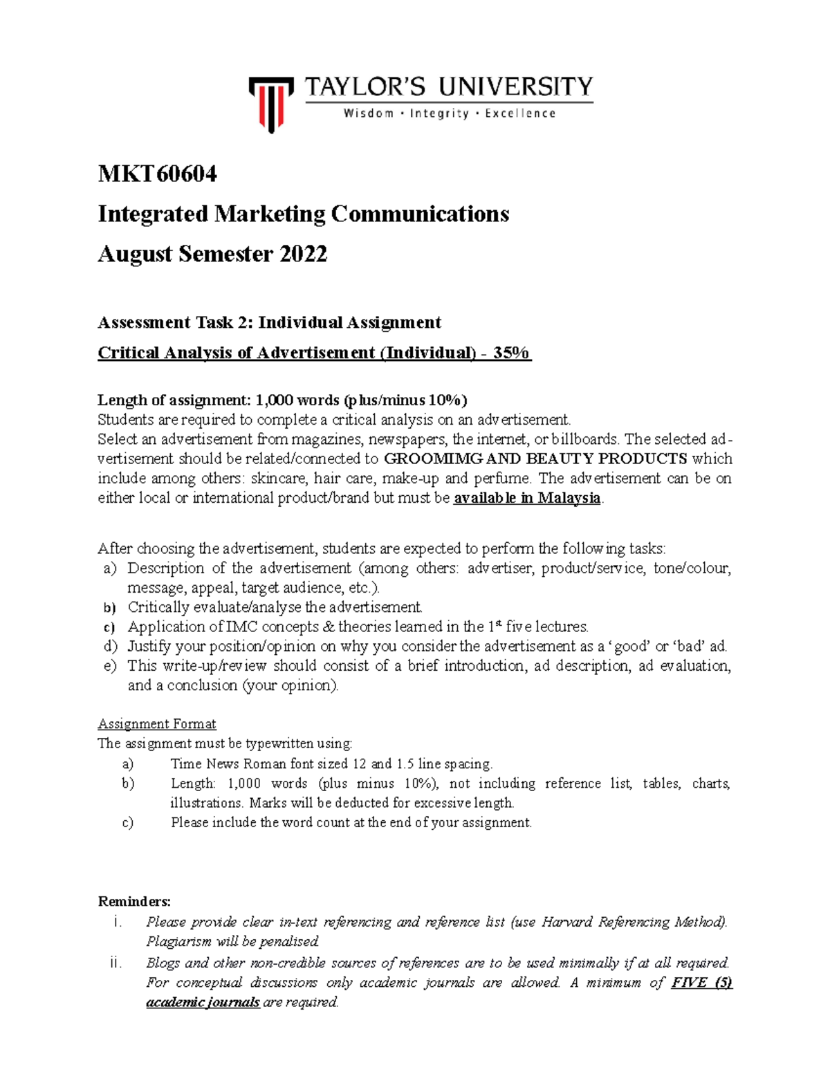 IMC Individual Assignment-Aug 2022 (Troy) - MKT Integrated Marketing ...